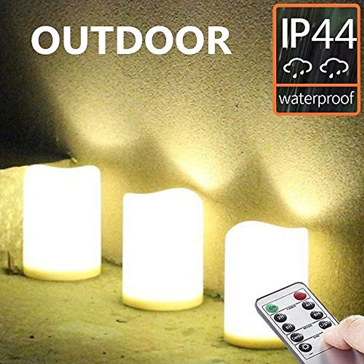 Set of 3 Outdoor IP44 Warm White LED Rainproof Waterproof Flameless Battery LED Pillar Candles with Remote and Timer, Plastic, Won't Melt, Weather Resistant Design 3 x 4", Timer 24hours