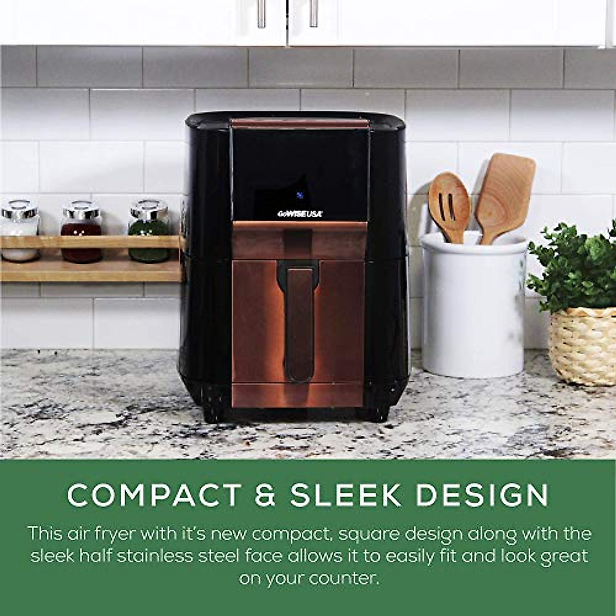 GoWISE USA 7-Quart Air Fryer & Dehydrator - with Ergonomic Touchscreen Display with Stackable Dehydrating Racks with Preheat & Broil Functions + 100 Recipes (Black/Copper))