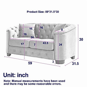 FANCUF 59-Inch Velvet Sofa, 2-Seater Sofa, Upholstered Tufted Backrests with Nailhead Arms A for Living Room
