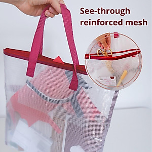 Madam Sew Project Bag - Craft Bag Organizer Tote with Handles, Two Pockets, See-Through Mesh, and Card Slot – Perfect for Quilting, Knitting, Stitching and Embroidery Projects Storage - 16”x16”