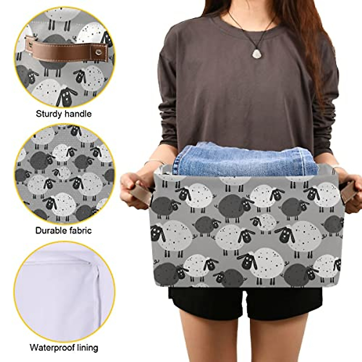 xigua Sheep Rectangular Storage Bin Canvas Square Storage Basket with Handles for Home,Office,Books,Nursery,Kid's Toys,Closet & Laundry