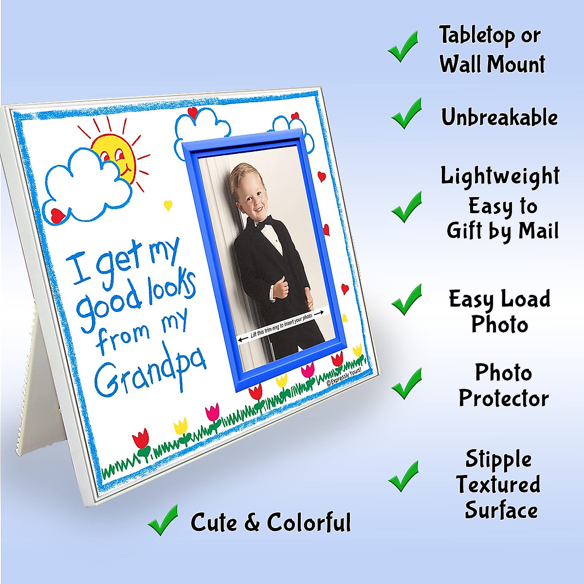 Picture Frame for Grandpa | "I Get My Good Looks from My Grandpa" | Classic Crayola Cute Picture Frame | Measures 8.25 x 7 in | Holds a 3.5 x 5 inch Photo | Easy to Mail