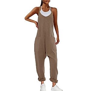 Nirovien Womens Waffle Knit Jumpsuits Oversized One Piece Romper Sleeveless Onesie with Pockets Fall Overalls(Dusty Khaki,L)