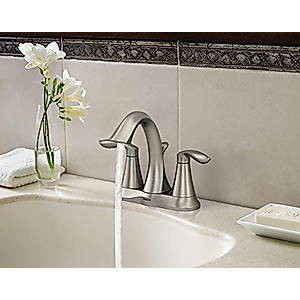Moen Eva Brushed Nickel Two-Handle 4-Inch Centerset Bathroom Faucet with Drain Assembly, Bathroom Faucets for Sink 3-Hole, 6410BN