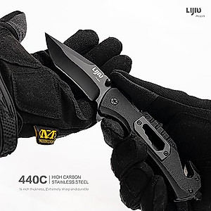 LI JIU Folding Pocket Knife - 8 inch Tactical Knife, made of high-carbon steel, Aluminum handle & Pocket Clip, Multifunctional design (Black)