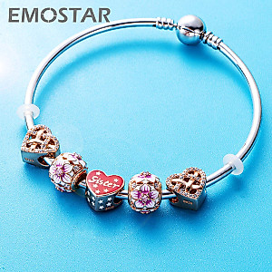 Rose Gold Magnolia Bloom Charms fit Pandora Valentines Bracelet, 925 Sterling Silver Magnolia Flower Pale Cerise Enamel CZ Beads, Gift for Lovers/Best Mom/First Mothers Day