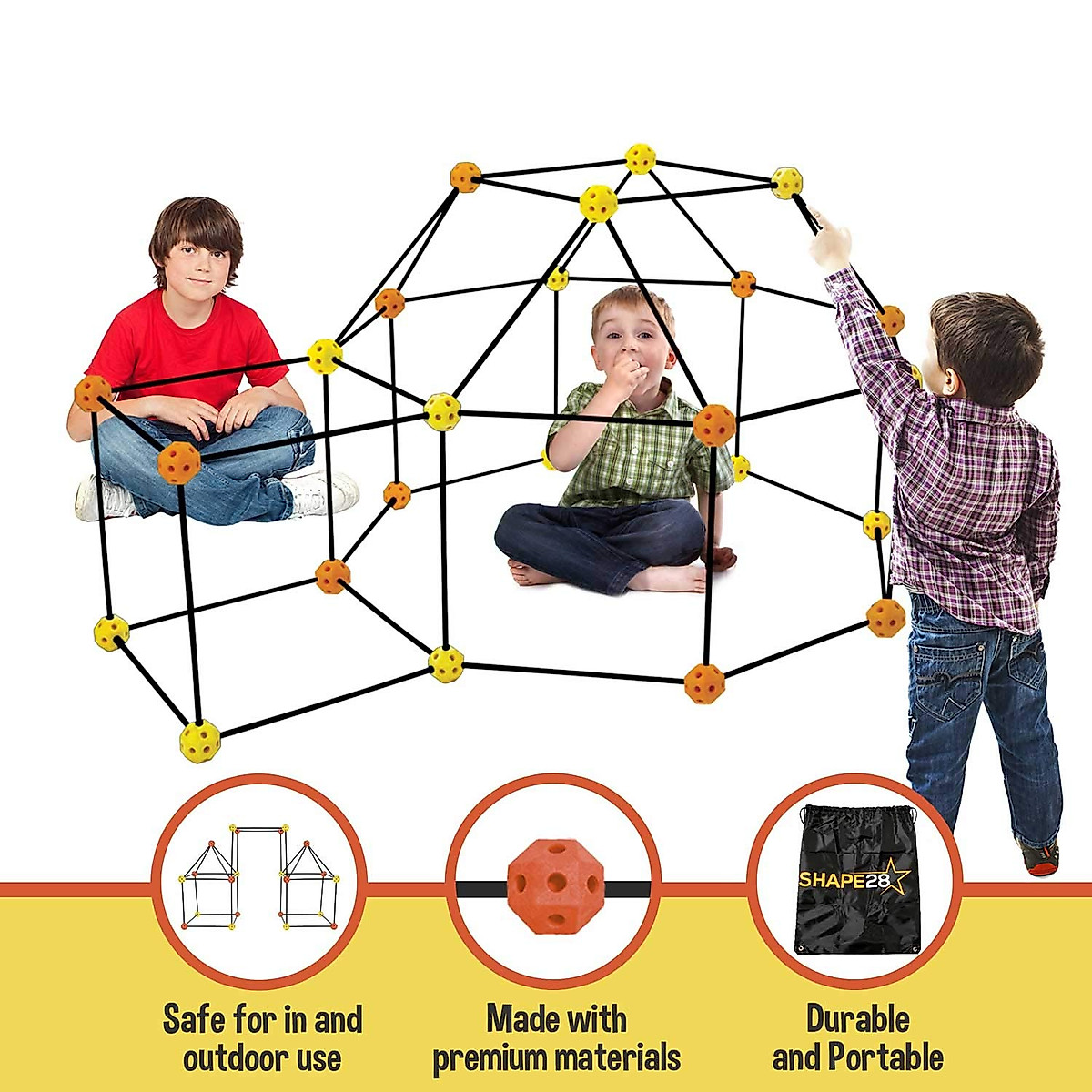 Construction Fort Building Kit 85 Pieces and Storage Bag - Build Castles Tunnels Tents Rocket- Creativity and Teambuilding - Great Discovery of Manual Skills Orange Yellow…