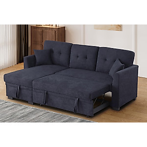 YOPTO 81.5" Sectional Sleeper Sofa Bed,Convertible L Shaped Pull Out Couch with Storage Chaise & Pillow,Woven Upholstered Loveseat W/Removable Back Cushion for Living Room,Apartment,Office,Dark Blue