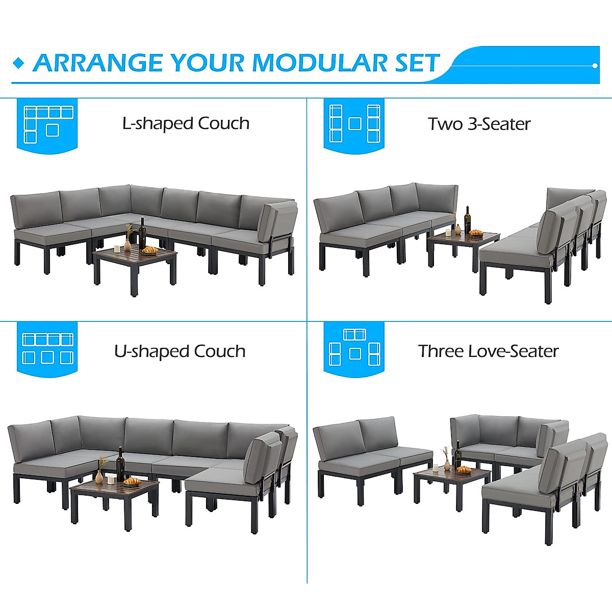 AECOJOY Outdoor Patio Furniture Set, Metal Patio Sectional Conversation Sofa, Black Wrought Iron Outdoor Furniture Sets Clearance with Grey Cushions