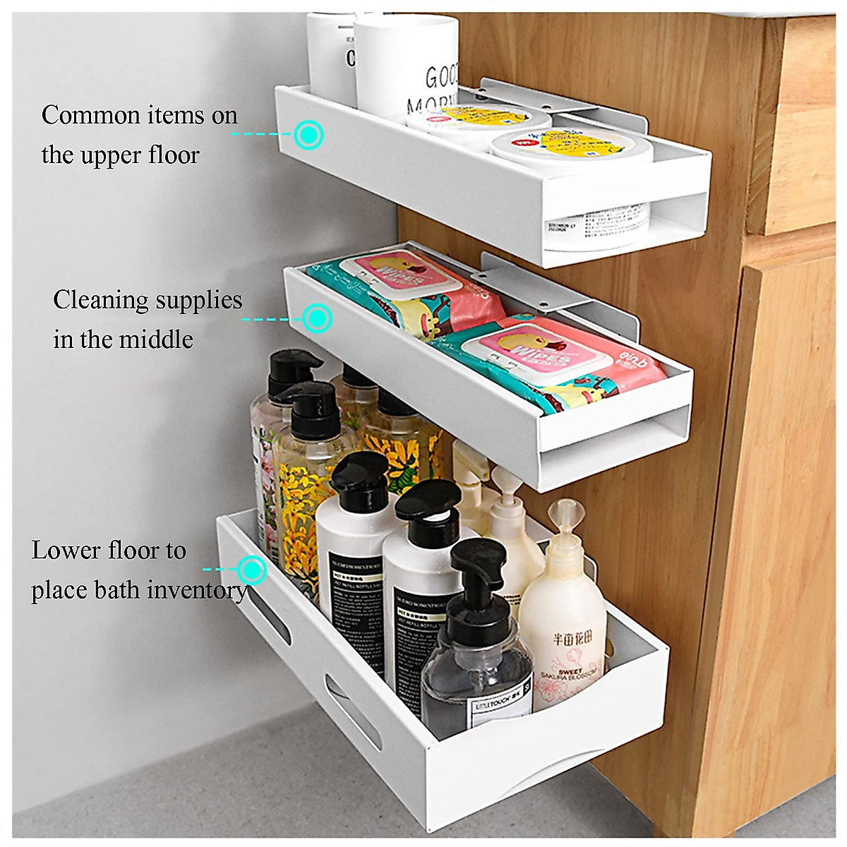 LEAYAN Under Sink Storage Cabinet Organizer Drawer, Storage Bathroom Cabinet Organizer Under Kitchen Sink Organizer for Easy Access Under Sink Rack Shelf, White 35x20x7.5cm