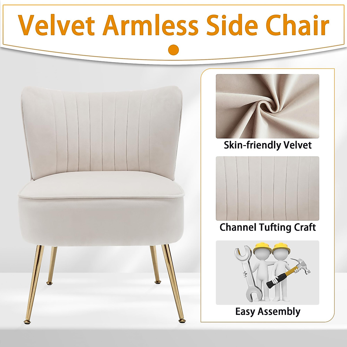 ABET Accent Chairs Set of 2, Velvet Armless Living Room Chairs with Tufted Wingback Thicken Cushion Gold Metal Legs, Comfy Upholstered Side Chairs Slipper Chairs Club Chairs for Bedroom, Beige
