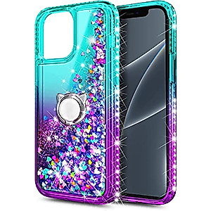NGB Supremacy Compatible with iPhone 13 Mini Case with Tempered Glass Screen Protector/Ring Holder/Wrist Strap, Girls Women Liquid Bling Sparkle Floating Glitter Cute Phone Case (Aqua/Purple)