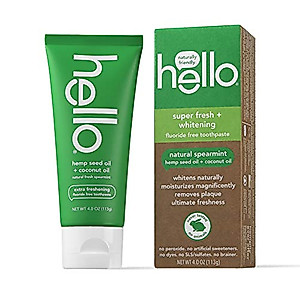 Hello Vegan Fluoride Free Toothpaste, Super Fresh Spearmint, Naturally Whitening Toothpaste, Hemp Seed Oil + Coconut Oil, Helps Remove Plaque, No SLS/Sulfates, 4 Ounce