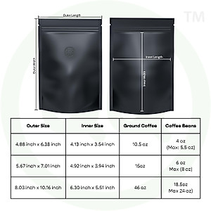 QQ Studio Foil Coffee Packaging Bags with Zipper and Degassing Valve for Whole and Ground Coffee (Black, 6oz (Pack of 50 Bags))