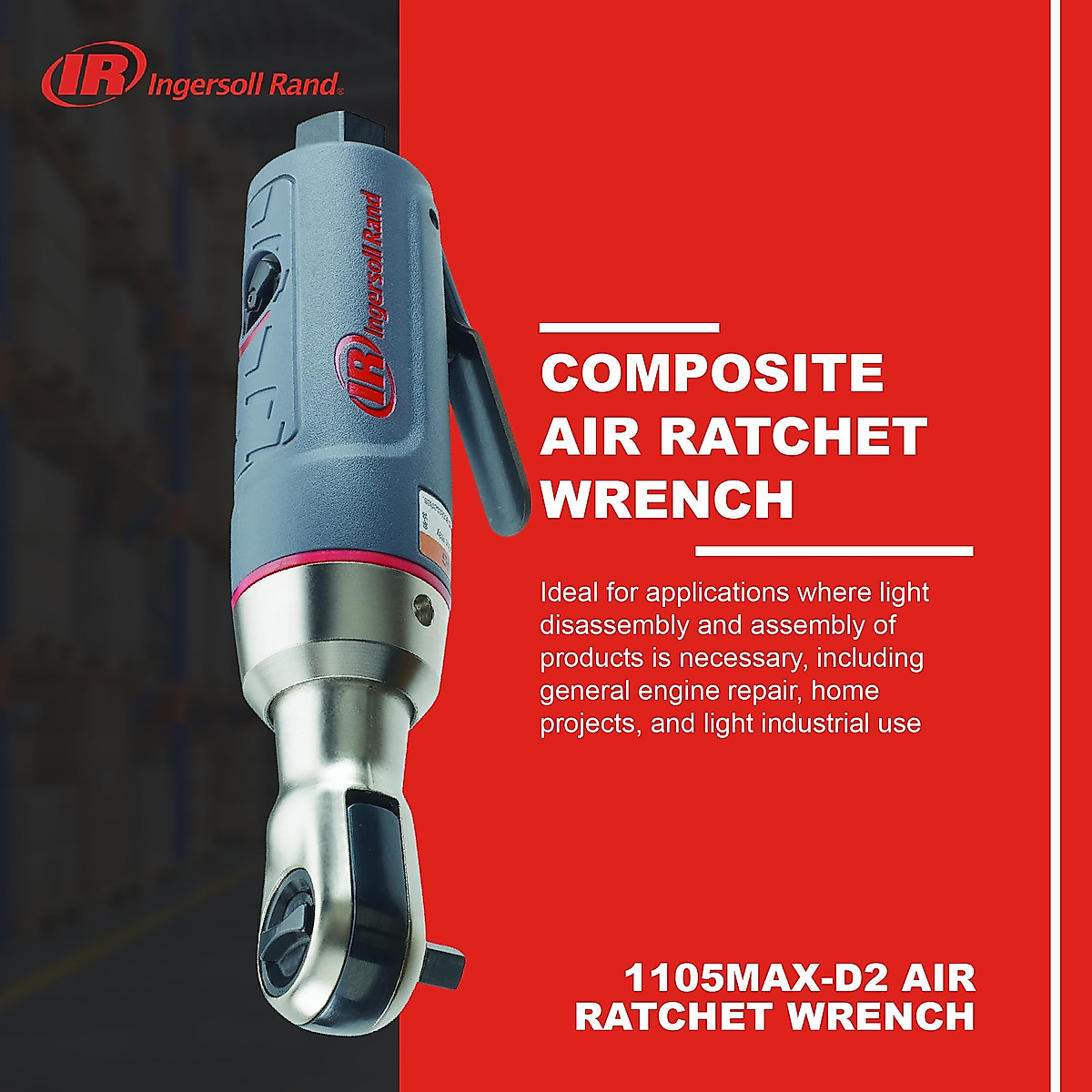 Ingersoll Rand 1105MAX-D2 1/4" Mini Composite Air Ratchet Wrench, 30 ft-lbs Max Torque Output, 300 RPM, Comfort Grip, Lightweight, Low Profile Forward/Reverse Control