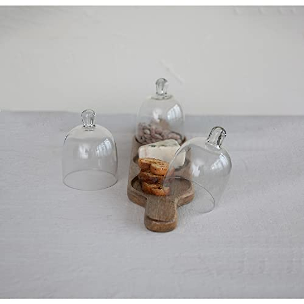 Creative Co-Op Mango Wood Serving Tray with 3 Glass Cloches and Handles, Set of 4 Serveware, 21"L x 5"W x 6"H, Natural