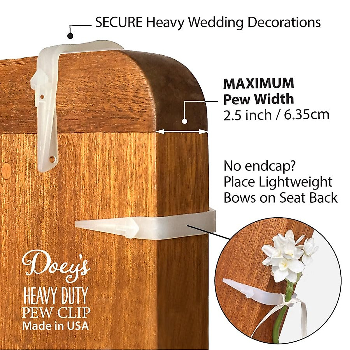 Doey's Heavy Duty Pew Clips for Weddings (12-Pack) Dependable Flexible Hook for Church Ceremony Aisle Decorations - Secure Bows, Flowers, Signs, Garland to Pew Ends, Bench Seats, Chairs (Made in USA)