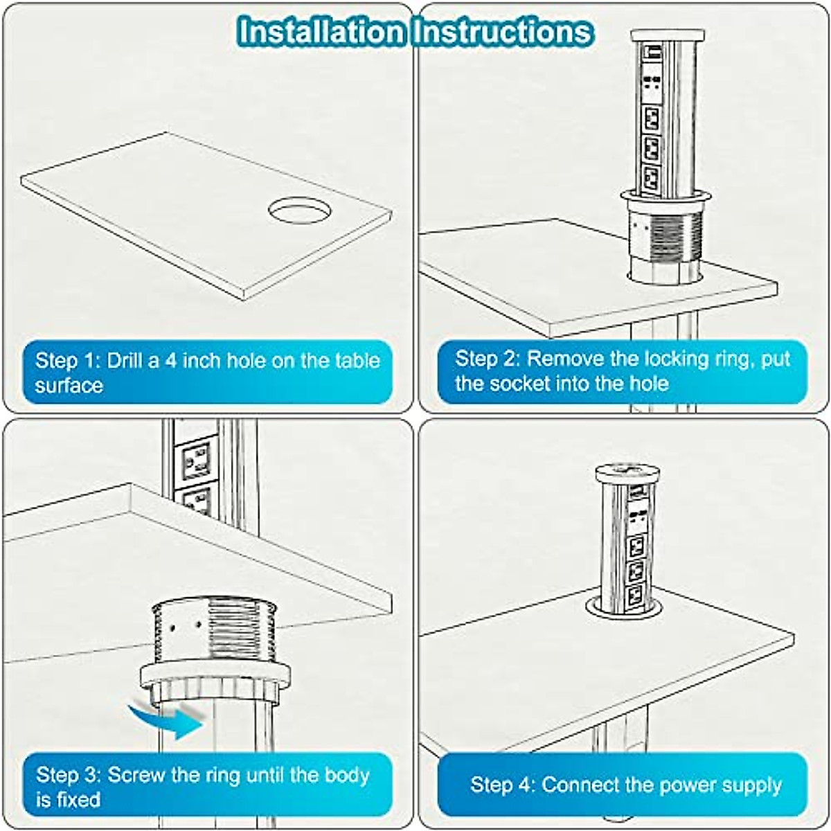 Automatic Pop Up Power Outlet, Popup Wireless Charging Station with 3AC Plugs + 2 USB, Pop up Electrical Outlets for Countertops, Recessed Hidden Outlet for Kitchen Island Conference (Silver White)
