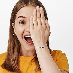 PINKABLUE Evil Eye Rakhi For Brother, Handmade Bracelet Rakhi for Raksha Bandhan, Wealth Thread Designer Rakhi Semi Precious Stone Rakhi Bracelet Crystal Stone Evil Eye Band (Blue)