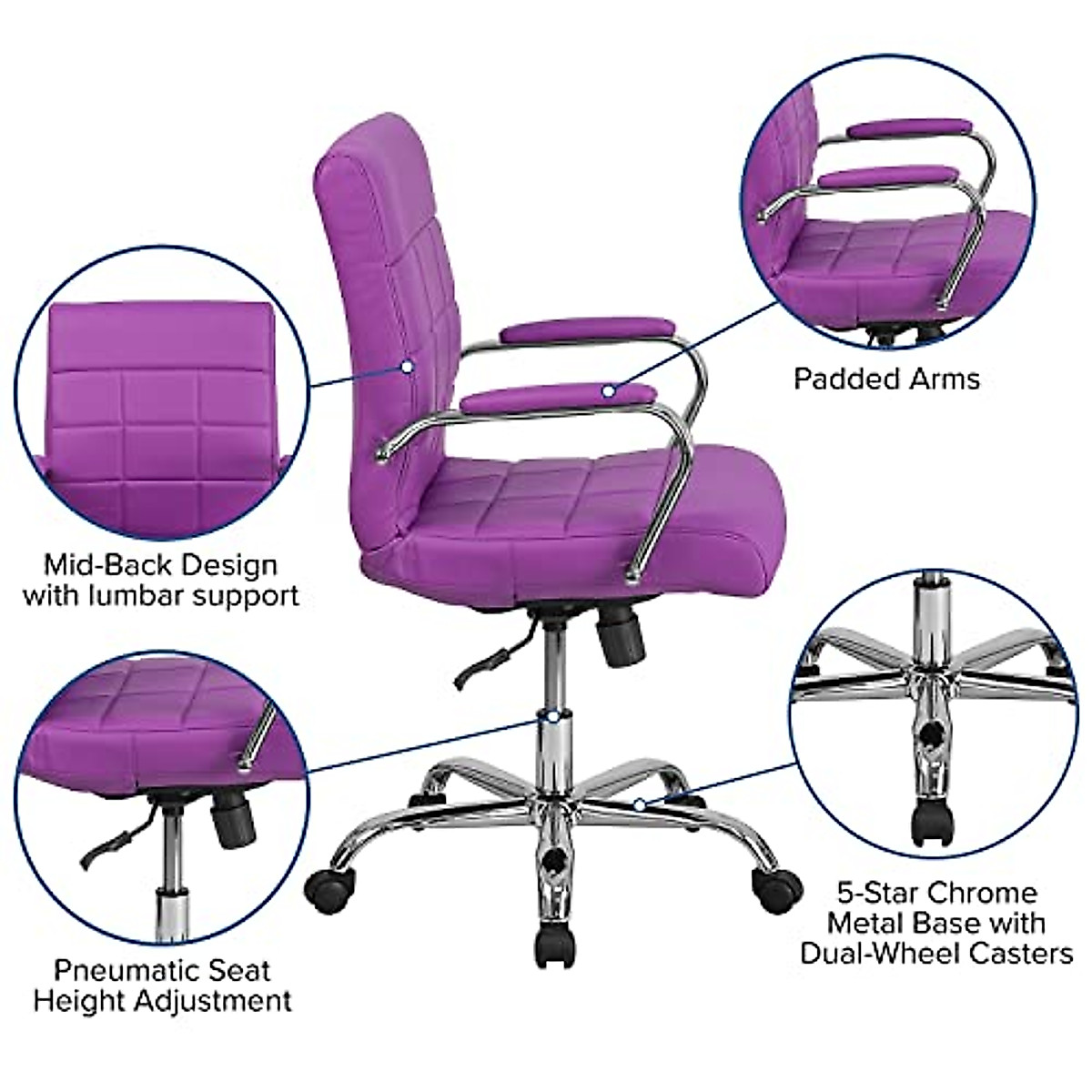 Flash Furniture Vivian Mid-Back Purple Vinyl Executive Swivel Office Chair with Chrome Base and Arms