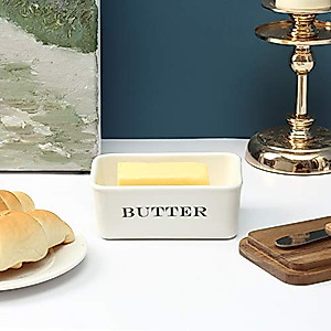 everous Butter Dish - Beautiful Farmhouse Kitchen Decor Butter Container With Wooden Lid and Knife(White)