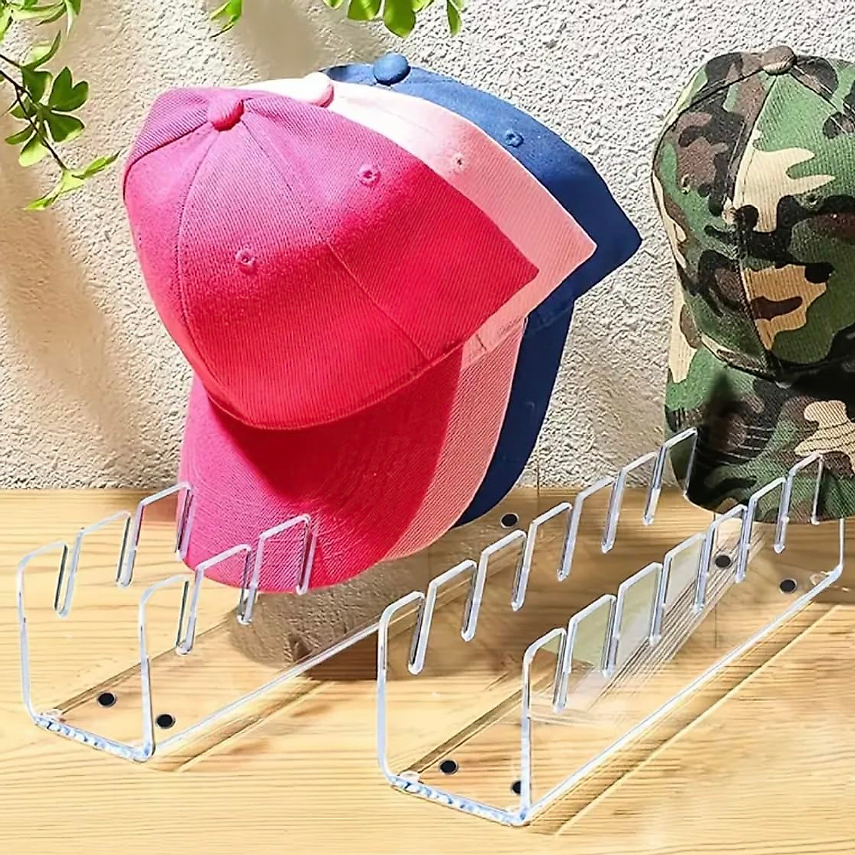 generic Hat Stand for Baseball Caps 2 Pack - Acrylic Hat Holder Display and Organizer- No-Install Holder for 14 Baseball Caps - Ideal for Closet, Dresser, or Shelf, ‎Clear