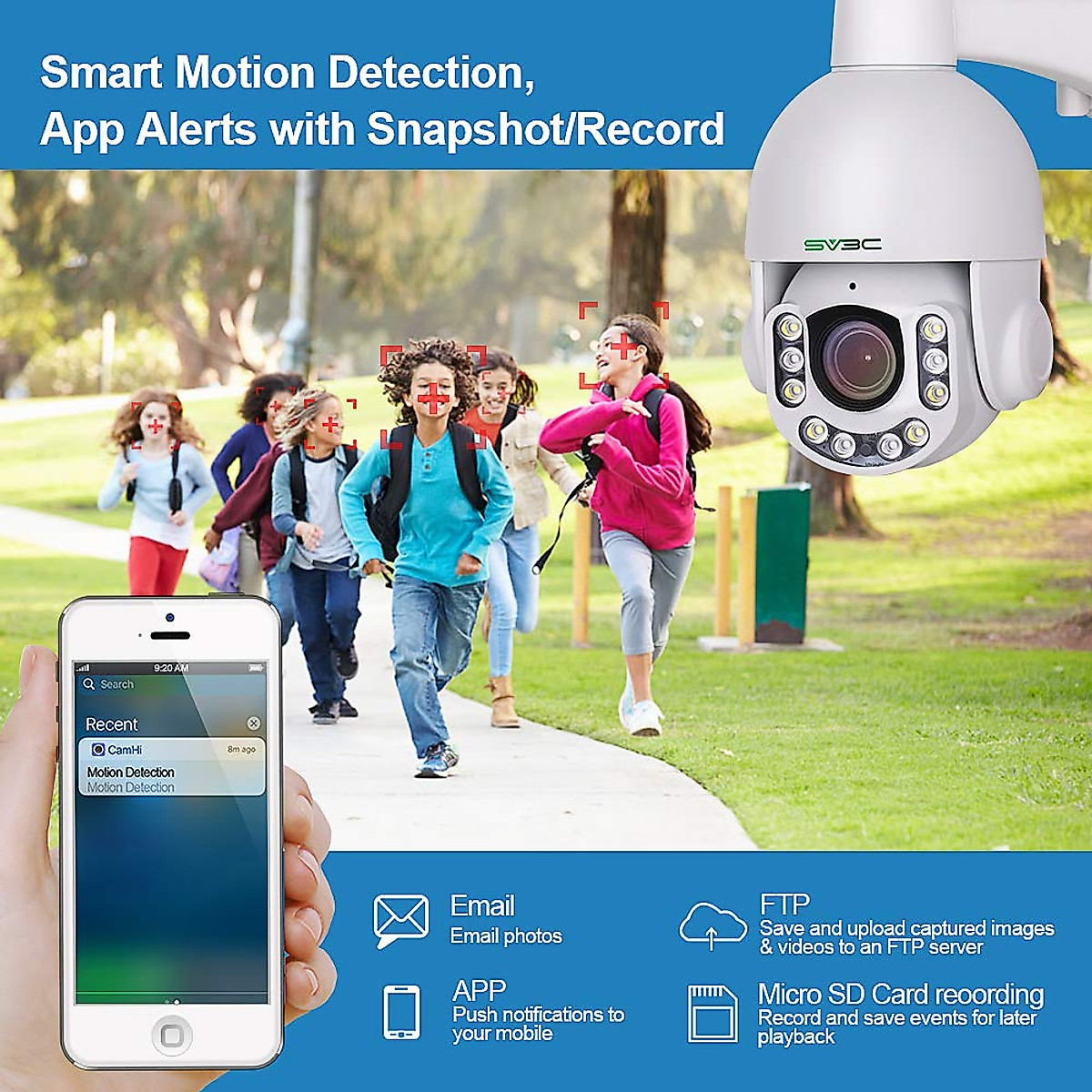 SV3C 5MP PTZ IP Camera Outdoor, Dual Band 2.4G 5GHZ WiFi Cameras, Auto Tracking 5X Optical Zoom Onvif Security Camera with Humanoid Detect, RTSP, Metal Case Waterproof, Two-Way Audio, SD Card Record