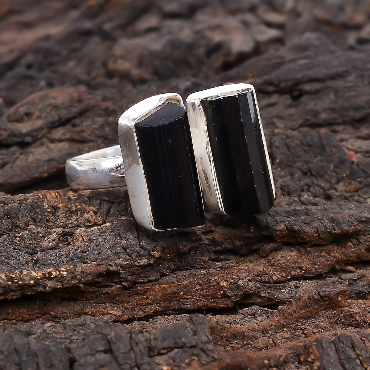 Raw Black Tourmaline Gemstone Twisted October Birthday Stone Rings, 925 Sterling Silver Ring RSR3088 (9)