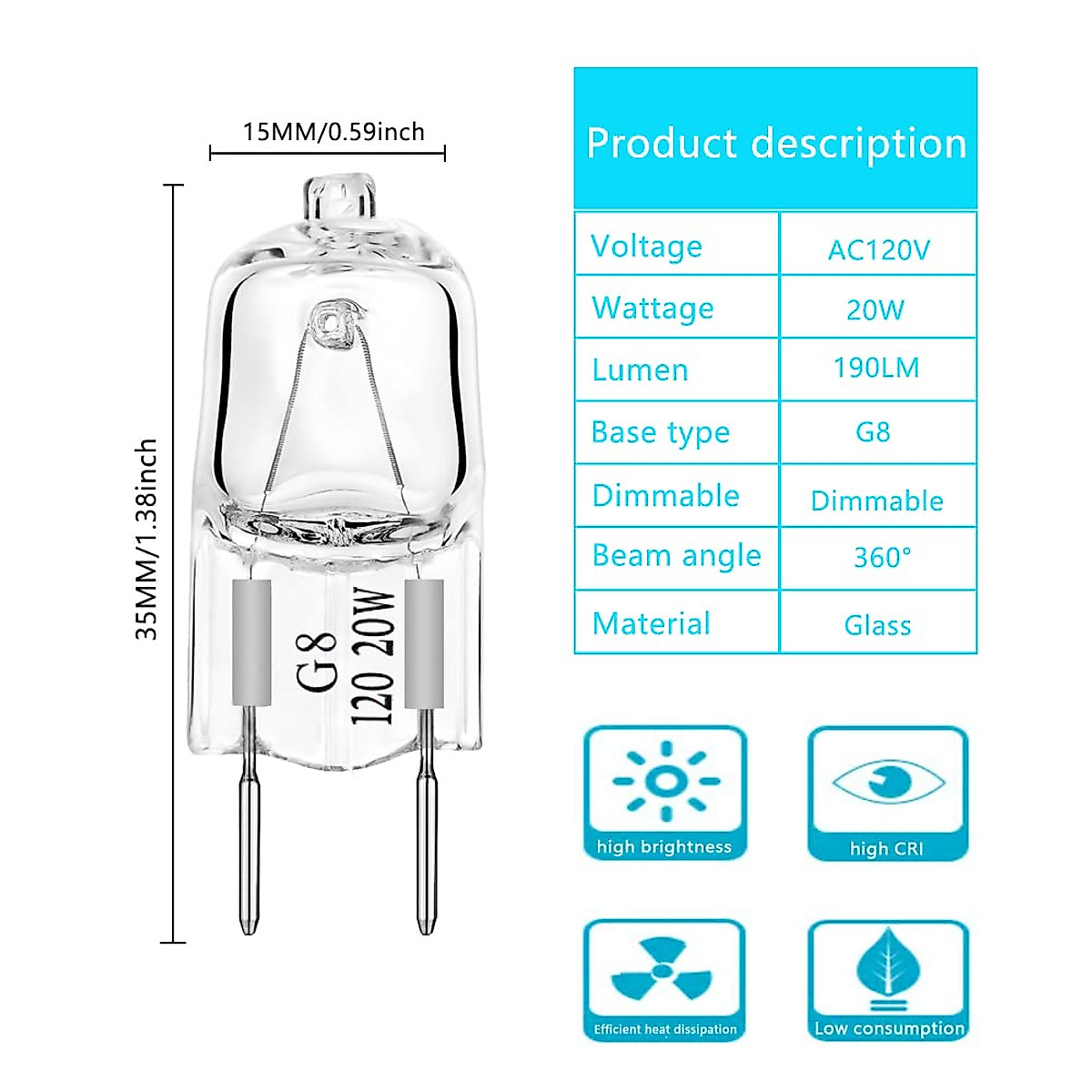 G8 Light Bulbs 20Watt 120Volt Halogen Light Bulb G8 Base Bi-Pin Shorter 20W T4 JCD Warm White Under Cabinet Puck Lighting Replacements,12Pack