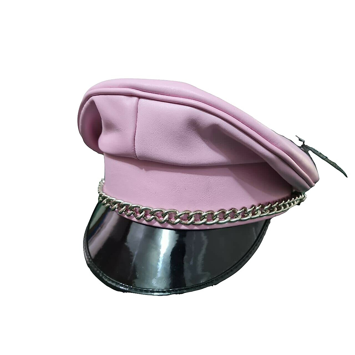 Real Leather Pink Leather Biker Peaked Muir Army Police Gay Chain Cap Party Hat, 7 1/4