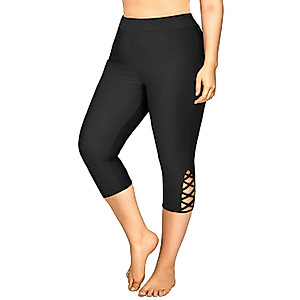 Holipick Black Plus Size Swim Pants for Women Criss Cross Swim Capris High Waisted Swim Leggings UPF 50+ Long Swim Shorts 16W