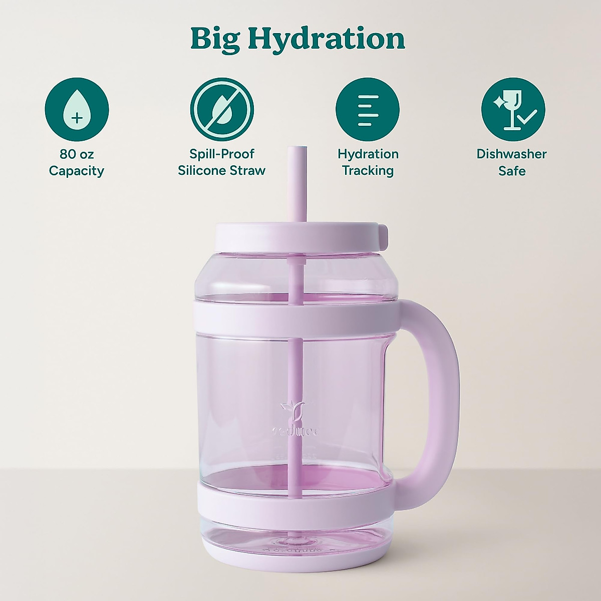 Reduce WaterDay 80 oz Water Jug with Time/Ounce Markings - Spill-Proof Straw, Durable Tritan - Big Water Bottle for Daily Hydration - Dishwasher Safe, Clear & Easy to Clean, Lilac Bud