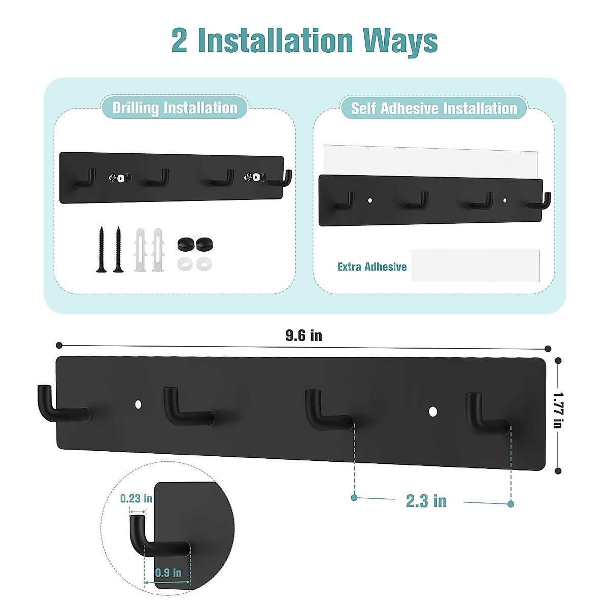 RELBRO Key Holder Wall Mount, Black Metal Key Hanger Self Adhesive Key Rail with 4 Key Hooks Key Rack Organizer 2 Options Installation for Entryway Hallway Kitchen RV Camper