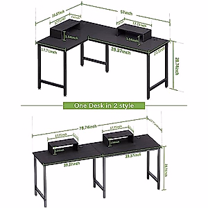 MINOSYS L Shaped Computer Desk - 58" Gaming Desk, Reversible Corner Desk, Home Office Writing Desk with Monitor Stand Shelf, Space-Saving Modern Simple Wooden Desk, Black