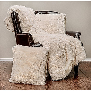 Chanasya Fuzzy Shaggy Faux Fur Throw Blanket and Pillow Cover 3-Piece Set - Lightweight Plush Sherpa Throw (50x65 Inches) and 2 Matching Throw Pillow Covers (18x18 Inches) for Bed Couch - Creme