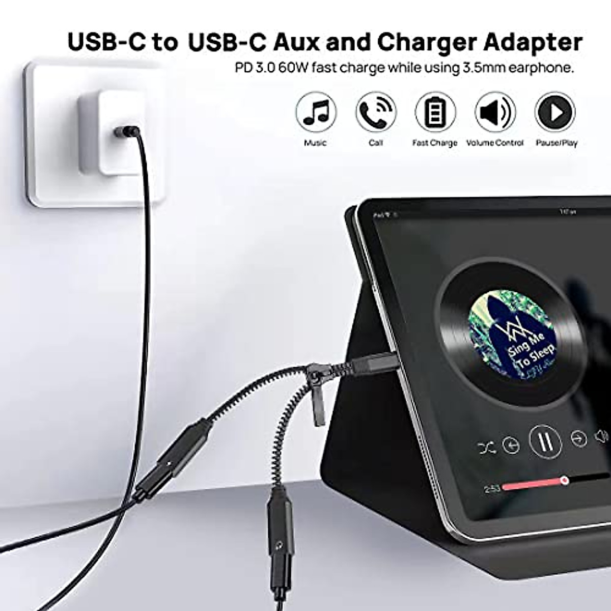 HLDInie USB Type C to Dual USB Type C Audio C-Type Headphone Connector and C-Type Charging Adapter, Charging and Music 2 in 1 Aux Cable (Black)