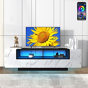 Uspeedy 70in White TV Stand for 75/80 inch TV,Modern LED TV Stand,High Gloss Entertainment Center with Large Storage Drawer,APP RGB Light,TV Console,Television Stands for Living Room(Marbling)