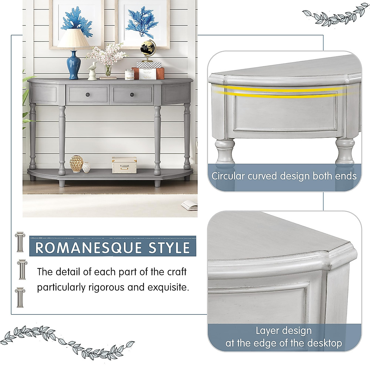Beardslee Retro Console Table,52" Circular Curved Design Sofa Table with Open Style Shelf & Two Top Drawers,Solid Wooden Frame and Legs,Entryway Table for Hallway, Living Room (Gray Wash)
