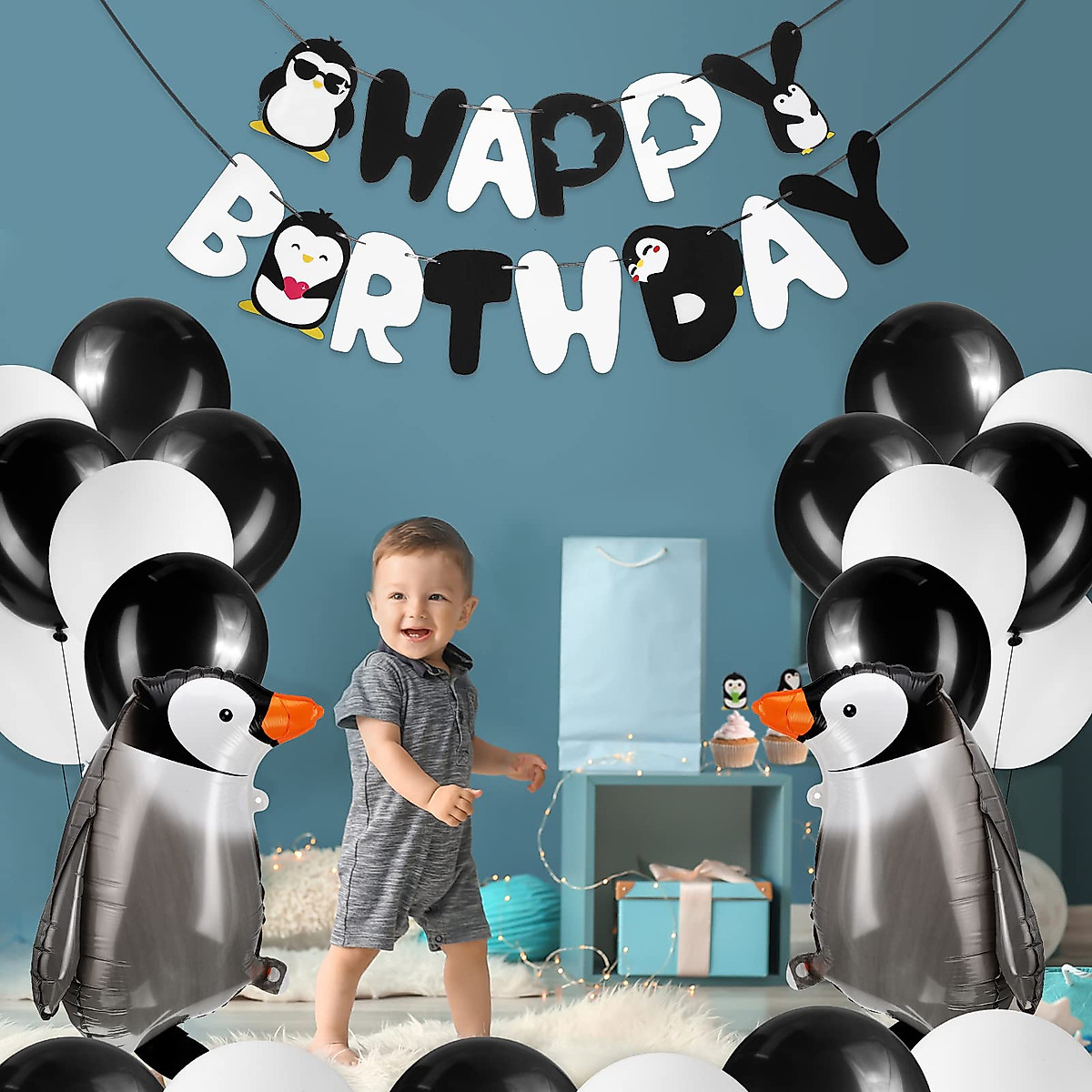 Gejoy 48 Pcs Penguin Birthday Party Decoration Includes Happy Birthday Penguin Banner Walking Penguin Balloons Penguin Cake Topper Latex Balloons Penguin Party Supplies for Winter Birthday Baby Shower