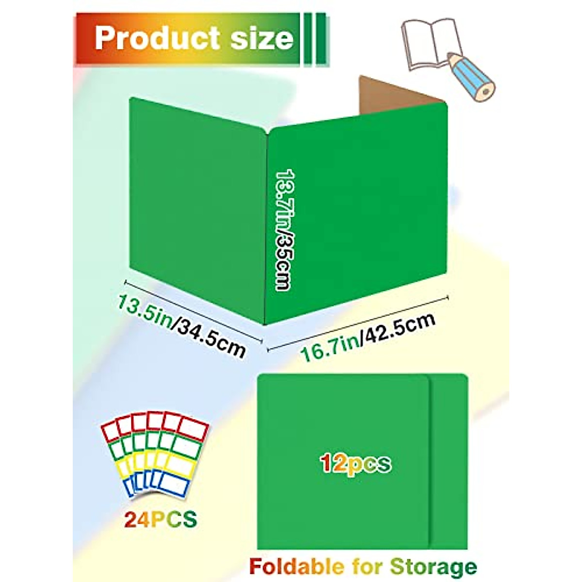 Desk Dividers for Students - 12 Pack Trifold Privacy Panel with 24pcs Stickers, Colourful Classroom Testing Shields Folders Board for School Teacher's Supplies