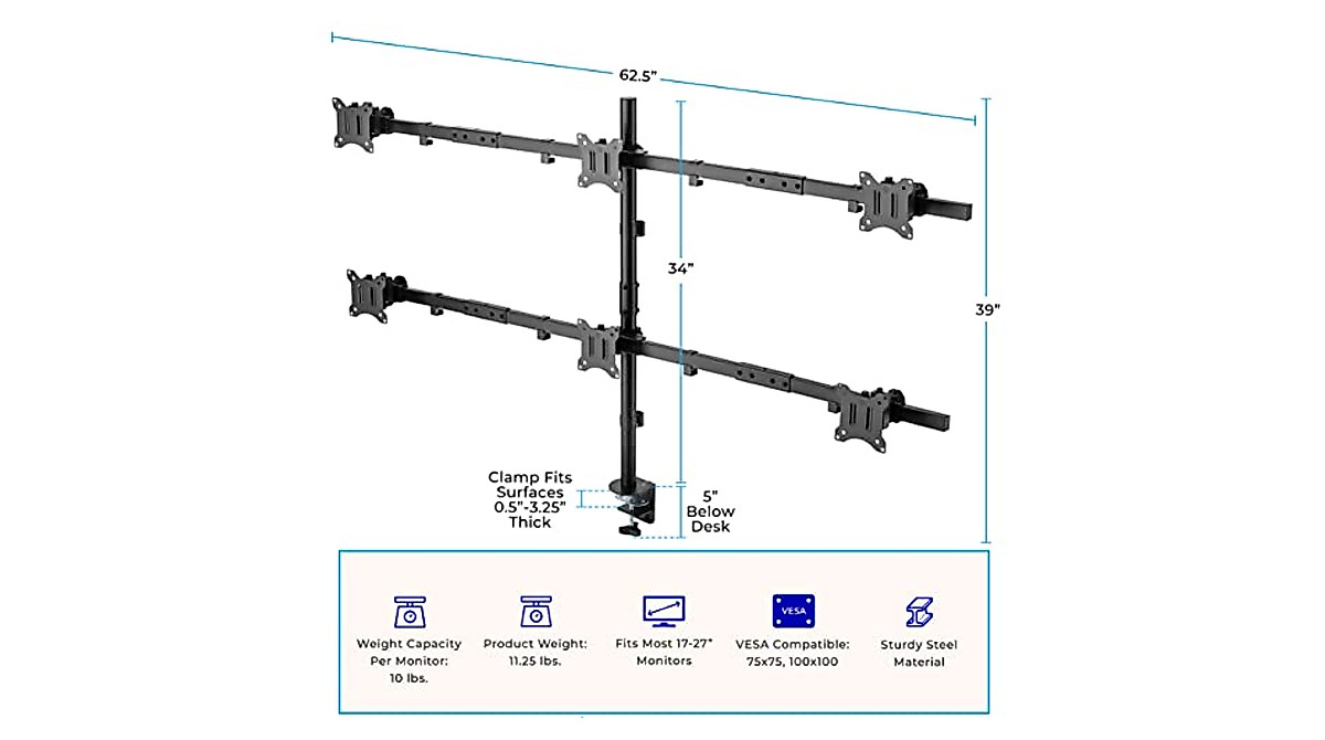 Adjustable 6 Monitor Mount Desk Stand - Stand Steady