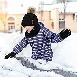 Hicdaw Kids Winter Hats Gloves Scarf Set Warm Knitted Touchscreen Gloves Toddlers Baby Beanie Hat with Fur Poms for Boy Girl, Black