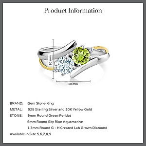 Gem Stone King 925 Silver and 10K Yellow Gold Green Peridot and Sky Blue Aquamarine with Lab Grown Diamond 2 Stone Crossover Women Ring (1.07 Cttw, Available in size 5, 6, 7, 8, 9)
