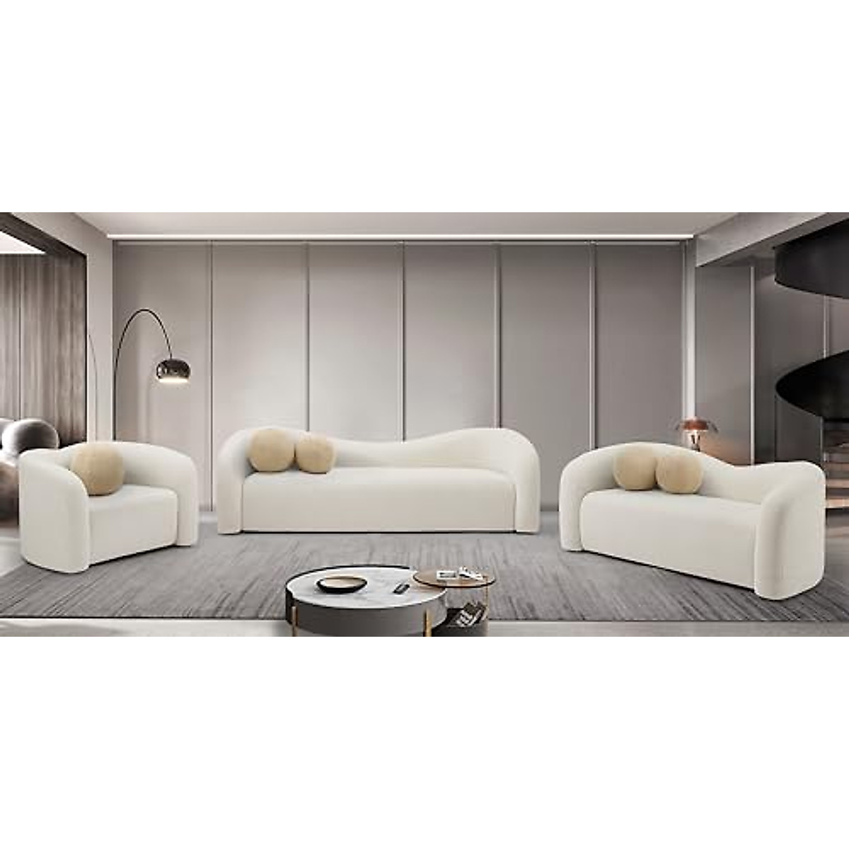 Meridian Furniture 186Cream-L Kali Collection Modern | Contemporary Loveseat with Soft Cream Faux Shearling Teddy Fabric, Curved Back, 62" W x 33" D x 27" H, Cream
