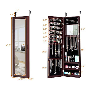 Giantex Jewelry Armoire Cabinet Wall Door Mounted with Full Length Mirror, Jewelry Organizer with Makeup Mirror, Ring Earring Slots, Necklace Hooks, Large Capacity Storage Jewelry Armoire (Brown)