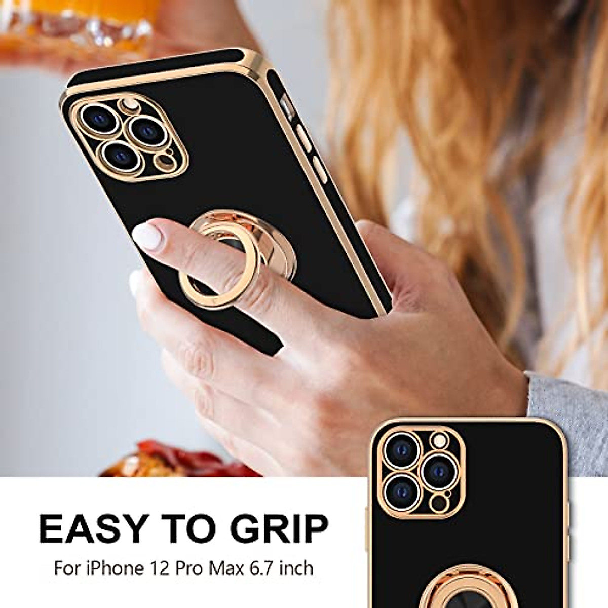 Hython Case for iPhone 12 Pro Max Case with Ring Stand [360° Rotatable Ring Holder Magnetic Kickstand] [Soft Microfiber Lining] Plating Rose Gold Edge Shockproof Protective Phone Cases Cover, Black