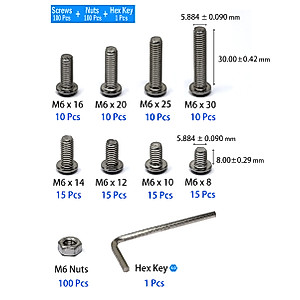 iexcell 200 Pcs M6 x 8/10/12/14/16/20/25/30 Stainless Steel 304 Hex Socket Button Head Cap Screws Bolts Nuts Assortment Kit