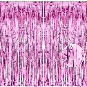 Foil Fringe Curtain Christmas Party Decorations - Pink Metallic Tinsel Photo Booth Backdrop Party Steamers Curtains for Birthdays Valentines Engagement Bachelorette Celebration