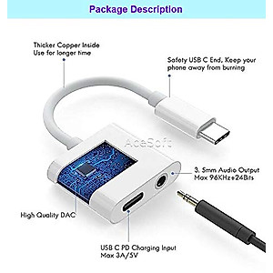 2-Port USB-C Type C to 3.5mm Aux Audio Charging Cord Cable DAC Chip Headphone Adapter for Samsung Galaxy Note 10+/10 Plus Smartphone