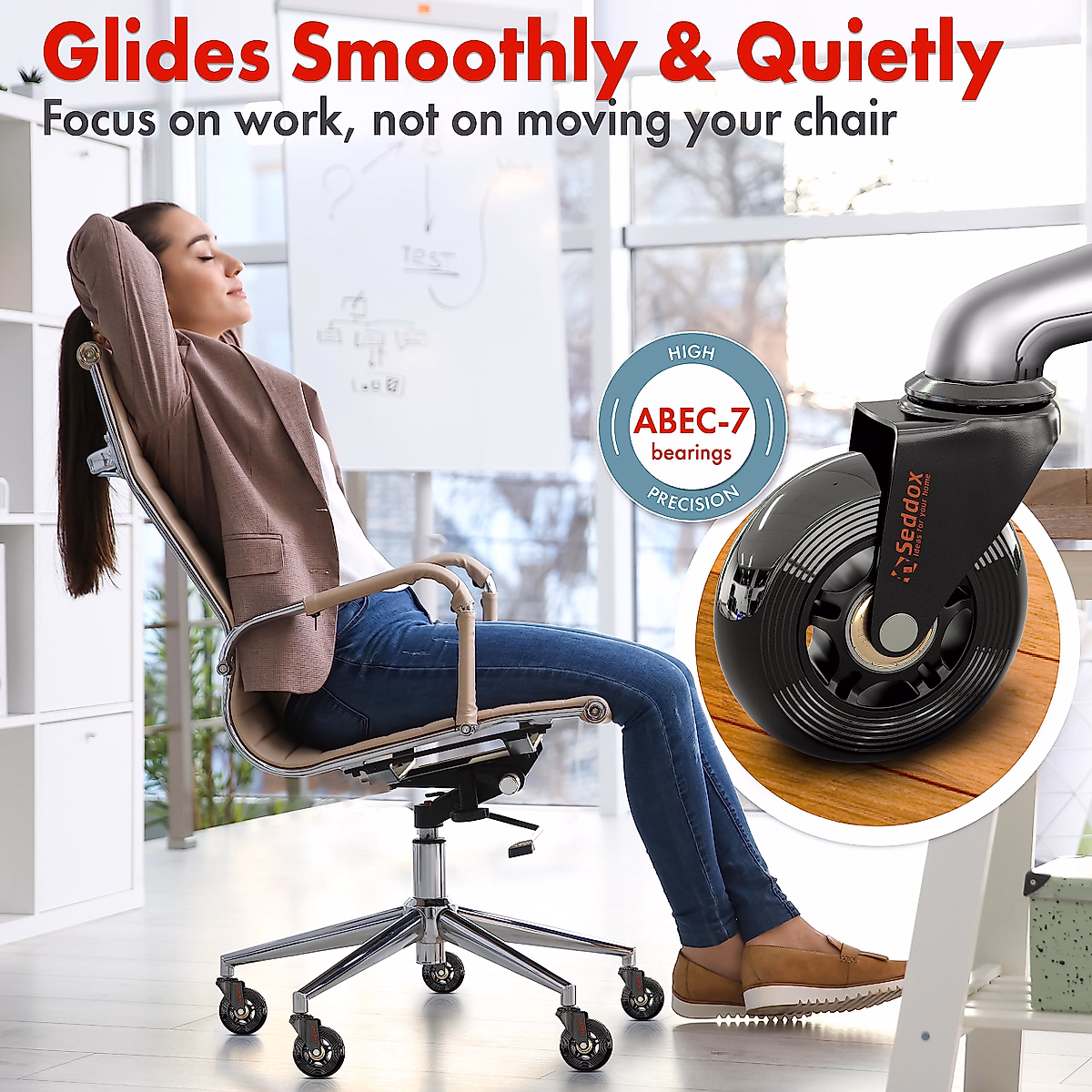 Professional Office Chair Wheels Gift Set of 5 Black - Protect All Your Floors - 3'' Heavy Duty Replacement Rubber Desk Chair Casters - Best Protection for Your Hardwood Floors